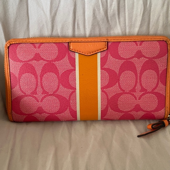 Coach | Bags | Coach Signature Stripe Long Zip Around Wallet Euc | Poshmark